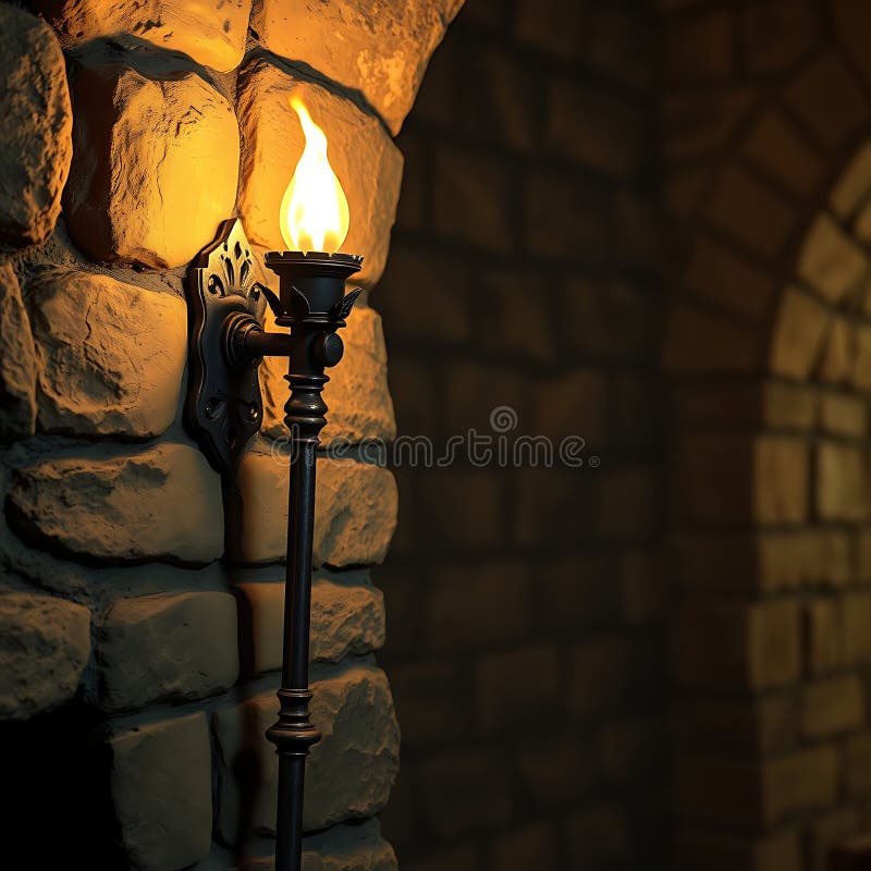 A Glowing Medieval Torch Fixed To a Stone Wall in a Dungeon Stock ...