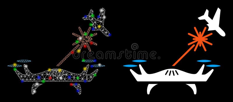 Glowing Mesh Network Laser Drone Strikes Airplane Icon with Light Spots ... Glowing Mesh Network Laser Drone Strikes Airplane Icon with Light Spots ...