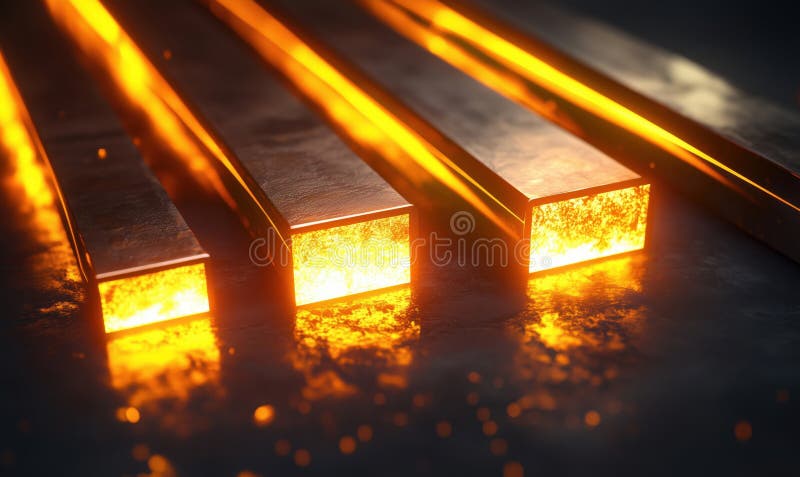Glowing Metal Bars with Fiery Orange Light and Textured Surface in Dark ...