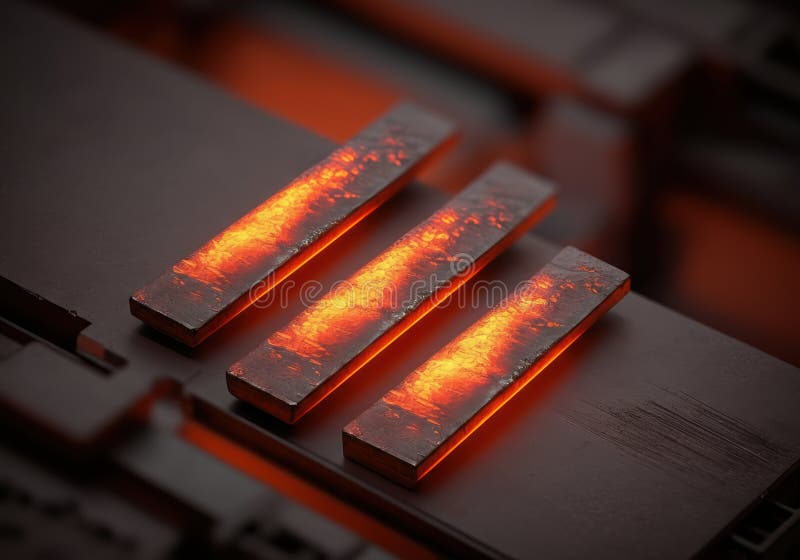Glowing Metal Bars in a Manufacturing Process, Showcasing Heat and ...