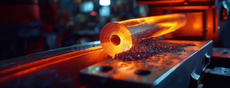 A Glowing Metal Rod Being Processed in a High Temperature Industrial ...