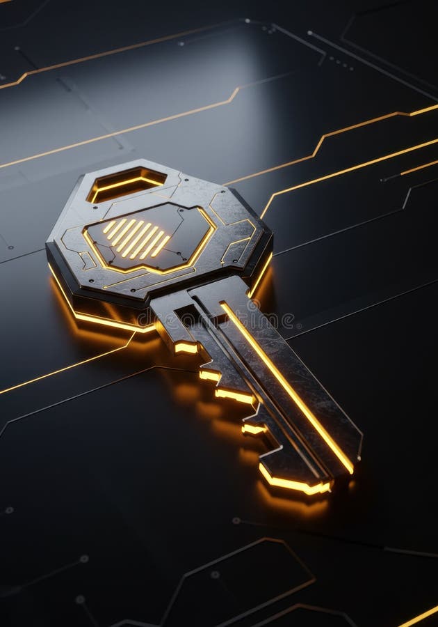Glowing Metallic Key on Dark Circuit Board Background Stock ...