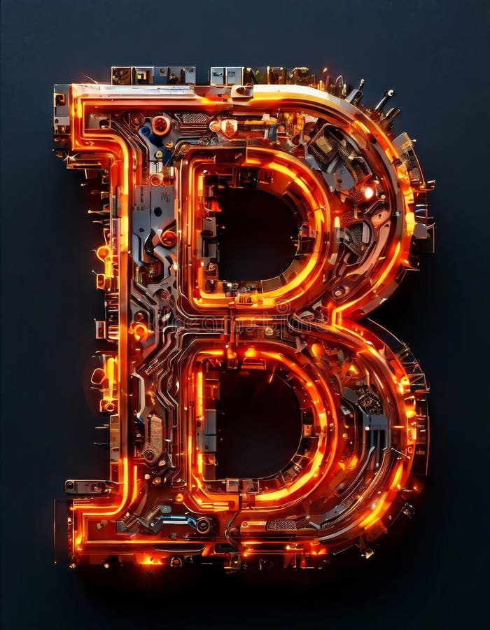 Glowing Metallic Letter "B" with Intricate Circuitry and Orange Light ...