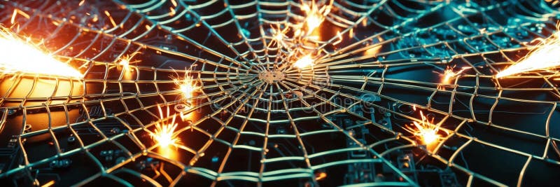 Glowing Metallic Spiderweb with Circuits and Electric Sparks Stock ...