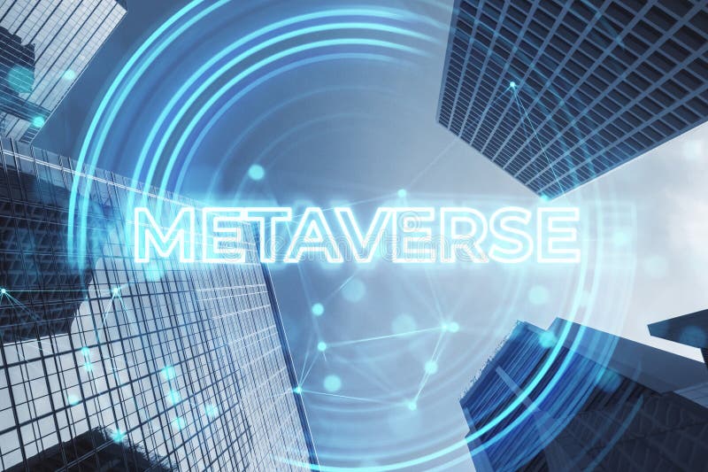 Glowing Metaverse Word Hologram on Buildings Background, VR Technology ...