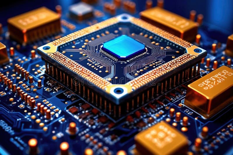 Glowing Micro Chip Concept on Blue Circuit Board Stock Illustration ...