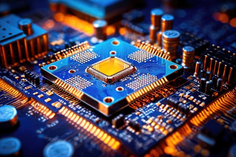 Glowing Micro Chip Concept on Blue Circuit Board Stock Illustration ...