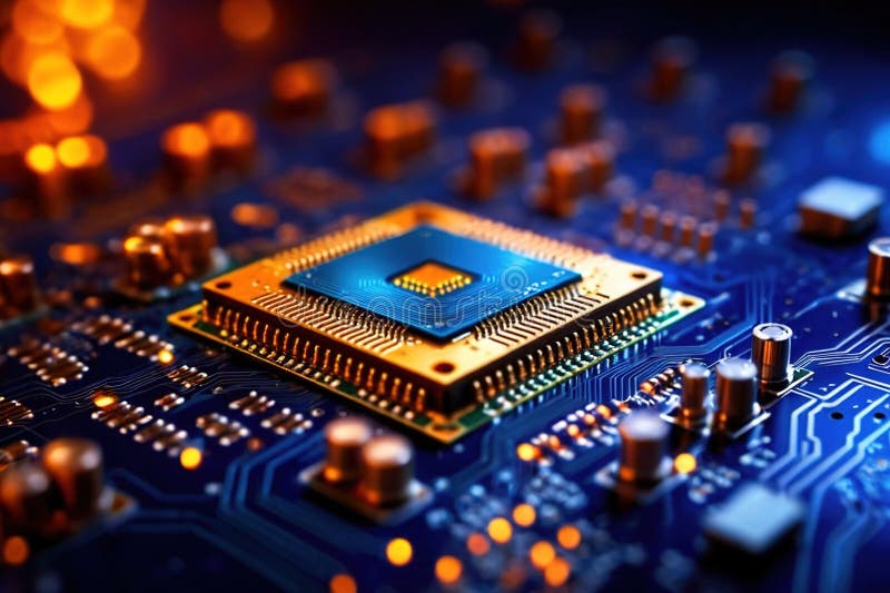 Glowing Micro Chip Concept on Blue Circuit Board Stock Illustration ...