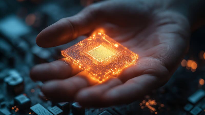 Glowing Microchip Being Held in a Human Hand Close Up View Stock Photo ...