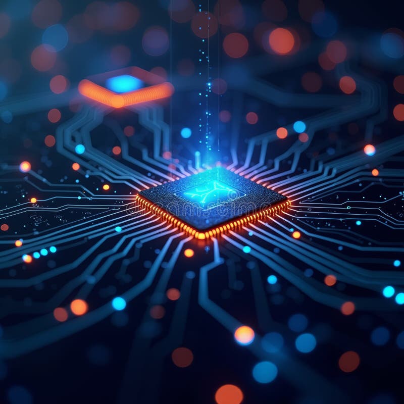 Glowing Microchip on a Circuit Board Stock Photo - Image of electric ...