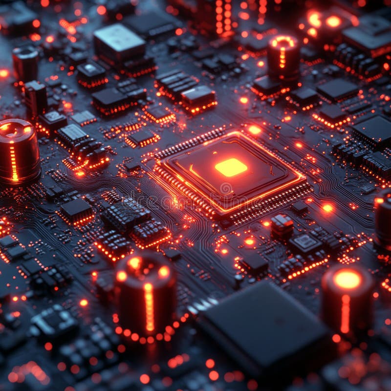 Glowing Microchip on Circuit Board Illuminated by Red Lights Stock ...