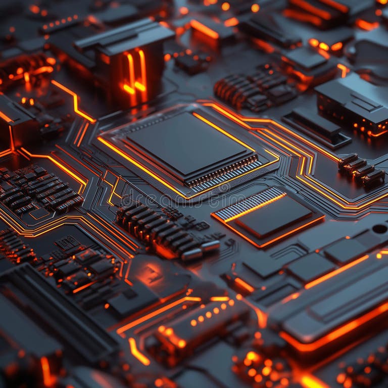 Glowing Microchip Circuit Board with Orange Lines Highlighting Modern ...