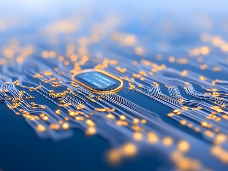 Glowing Microchip Circuitry with Golden Paths on Blue Tech Board ...