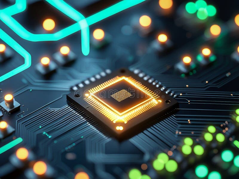 Glowing Microchip on Futuristic Circuit Board. Ideal for Tech, Ai, or Digital Transformation ...