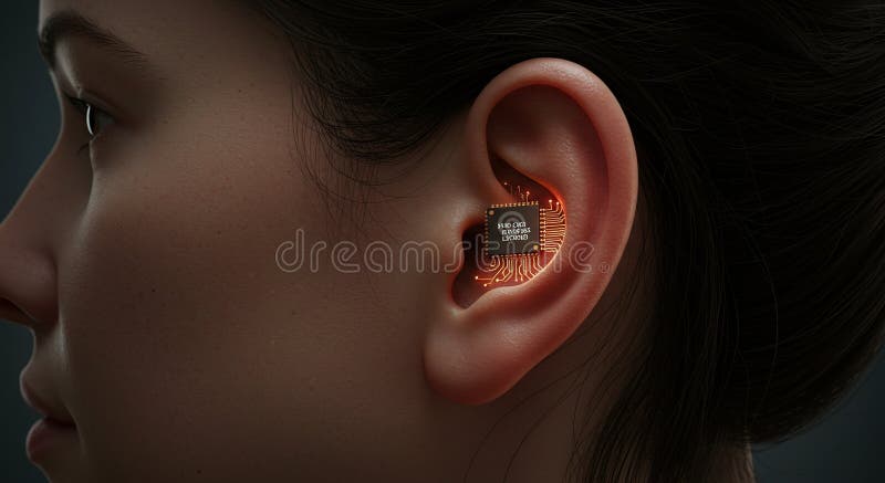 Glowing Microchip Implanted in Human Ear, Symbolizing Futuristic Bio-Integration and Advanced AI ...