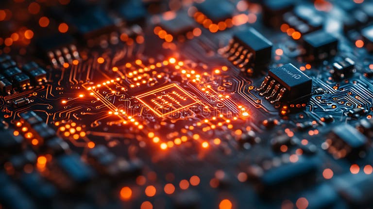 Glowing Microchip on Motherboard Showing Circuitry and Components ...