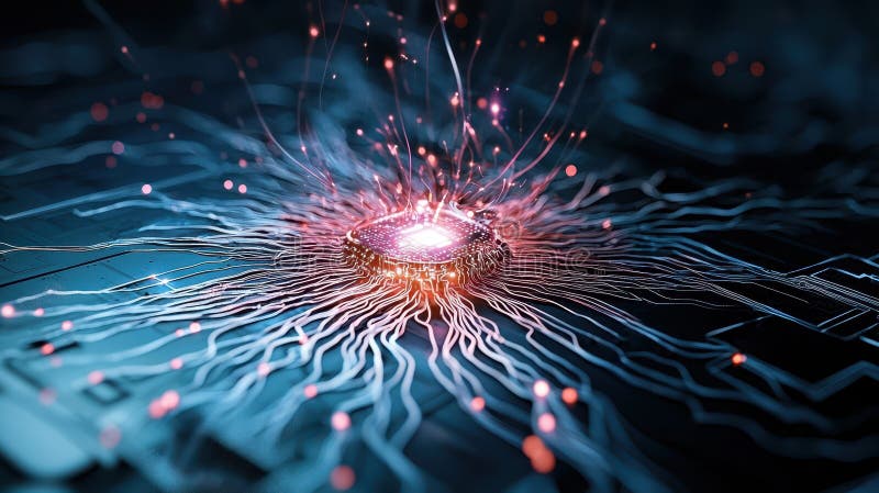 Glowing Microchip with Radiating Connections on a Dark Technology ...