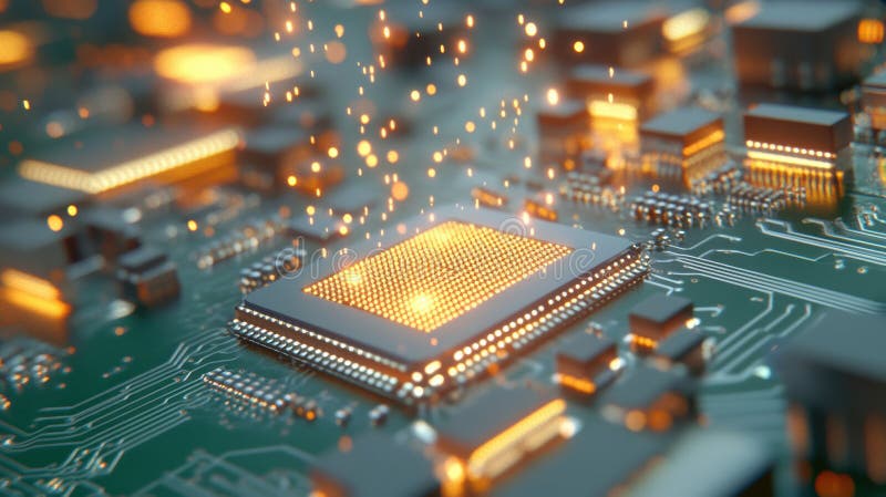 Glowing Microchips on a Circuit Board Depicting Modern Technology and ...
