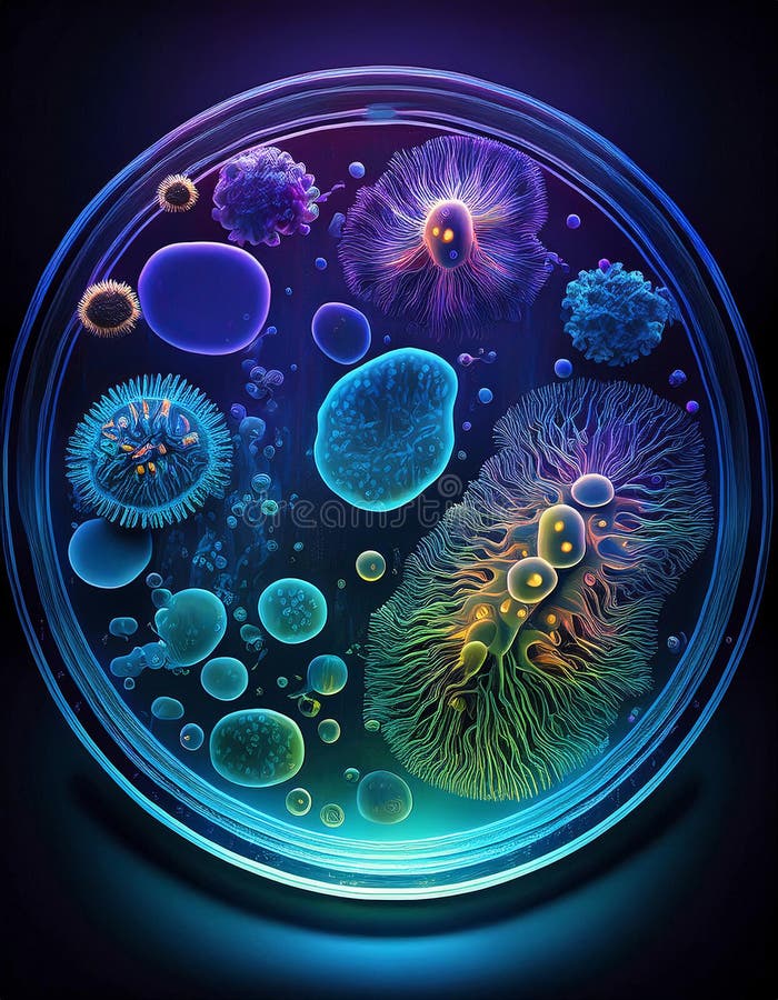 Glowing Microorganisms in a Petri Dish, Viewed through a Microscope ...