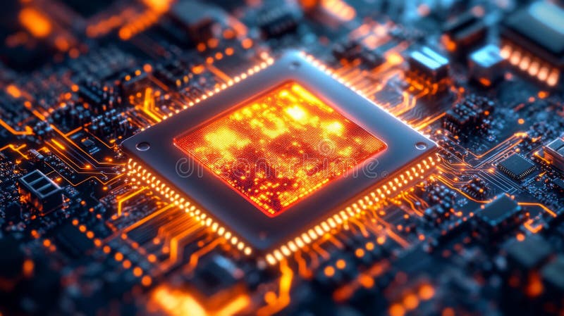 Glowing Microprocessor on Circuit Board Stock Illustration ...