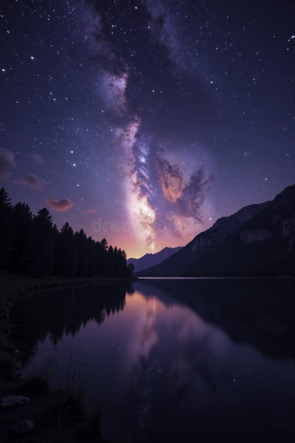 The Glowing Milky Way Band Illuminates a Serene Reservoir Scene at Dusk ...