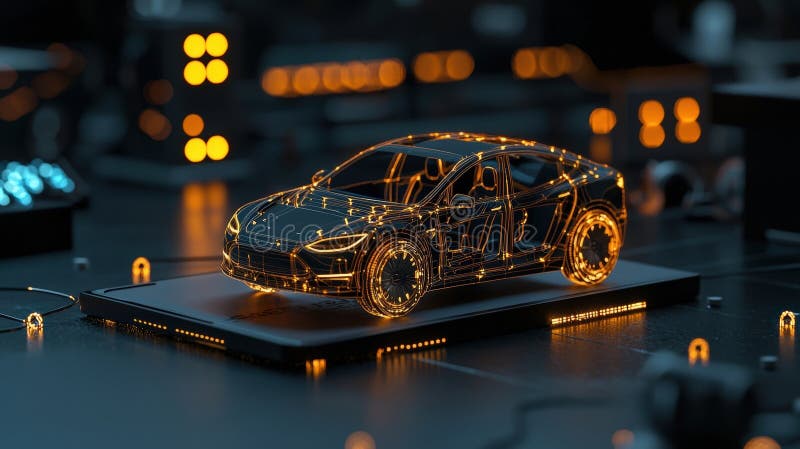 A Glowing Model of an Electric Car on a Digital Workspace Showcasing ...