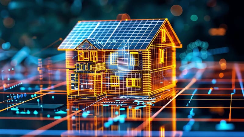 Digital Representation of a Modern Smart Home with Glowing Features on a Technological Grid ...