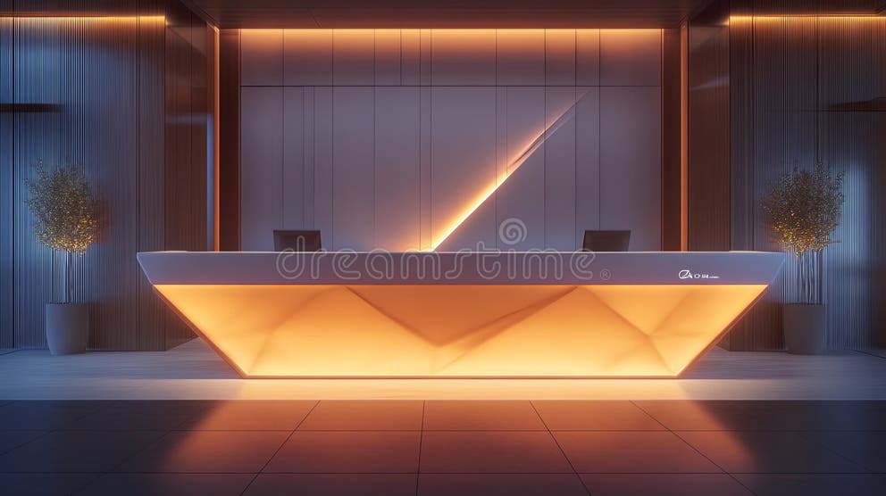 A Glowing Modern Reception Desk Styled with Subtle Branding and Soft ...