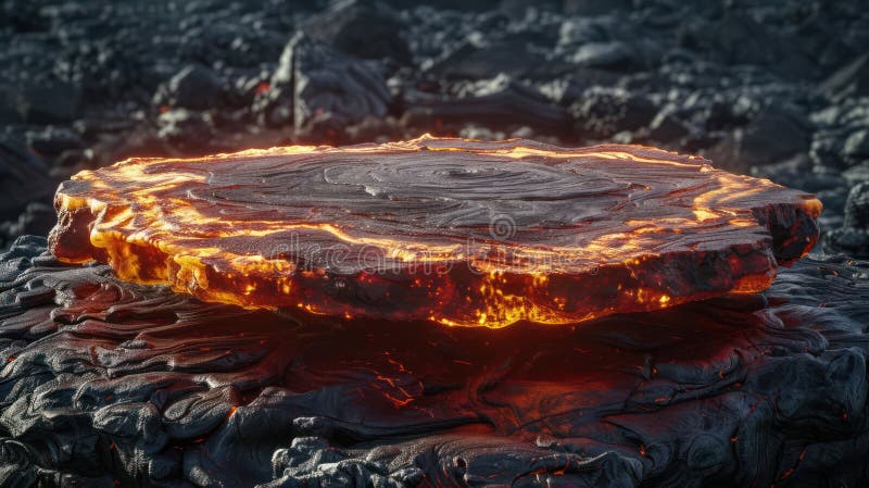 Glowing Molten Lava Platform in Dark Volcanic Terrain Stock ...