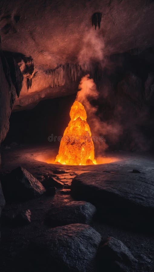 Glowing Molten Rock Formation in Dark Cave. Stock Photo - Image of ...
