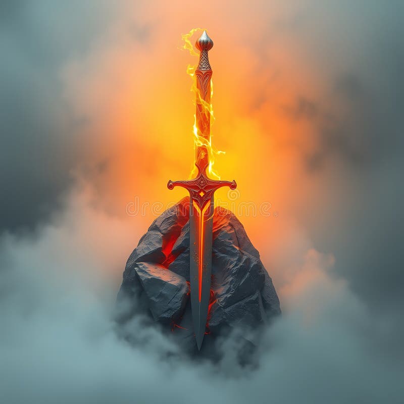 A Glowing, Molten Sword Embedded in a Rock, Surrounded by Mist Stock ...