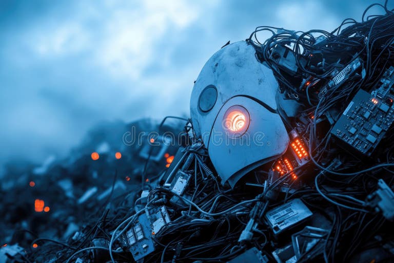 Glowing Monitors and Electronics in Dramatic Sky Highlight E-waste and ...