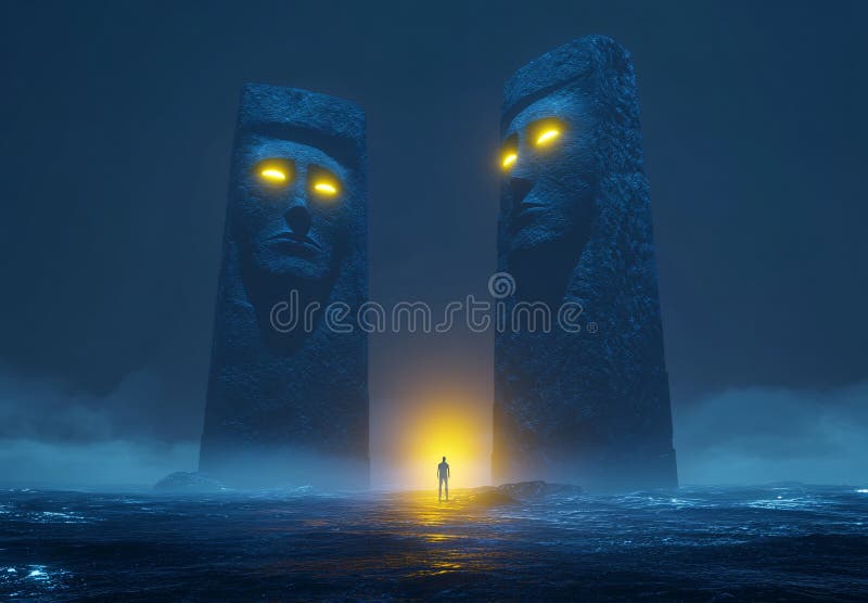 Glowing Monoliths with Faces in Endless Ocean Stock Illustration ...