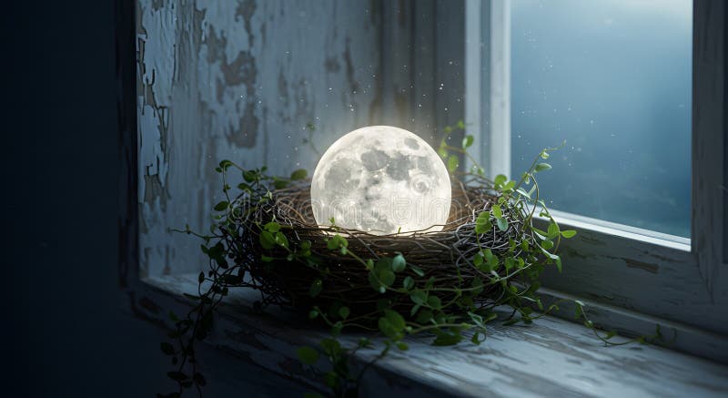 Glowing Moon in a Nest on a Window Sill Stock Image - Image of glowing ...