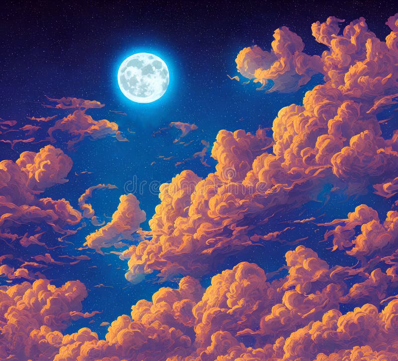 Glowing Moon with Orange Clouds Stock Illustration - Illustration of ...