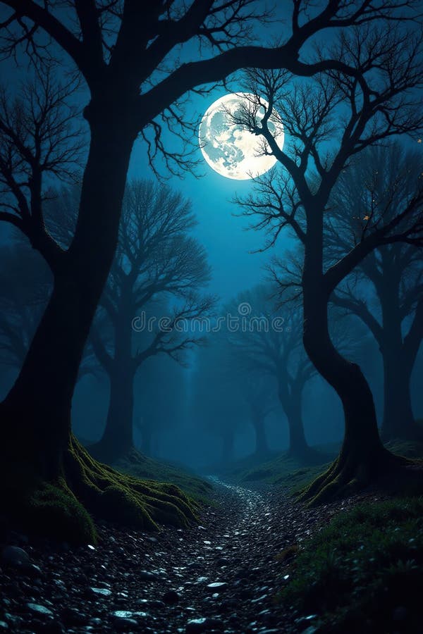 Glowing Moonlight Illuminates Ancient Branches Darkness Trees Shadows ...
