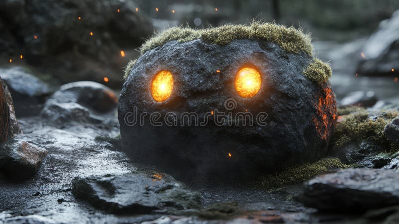 Glowing Moss Covered Rock Creature in Dark Forest Stock Illustration ...