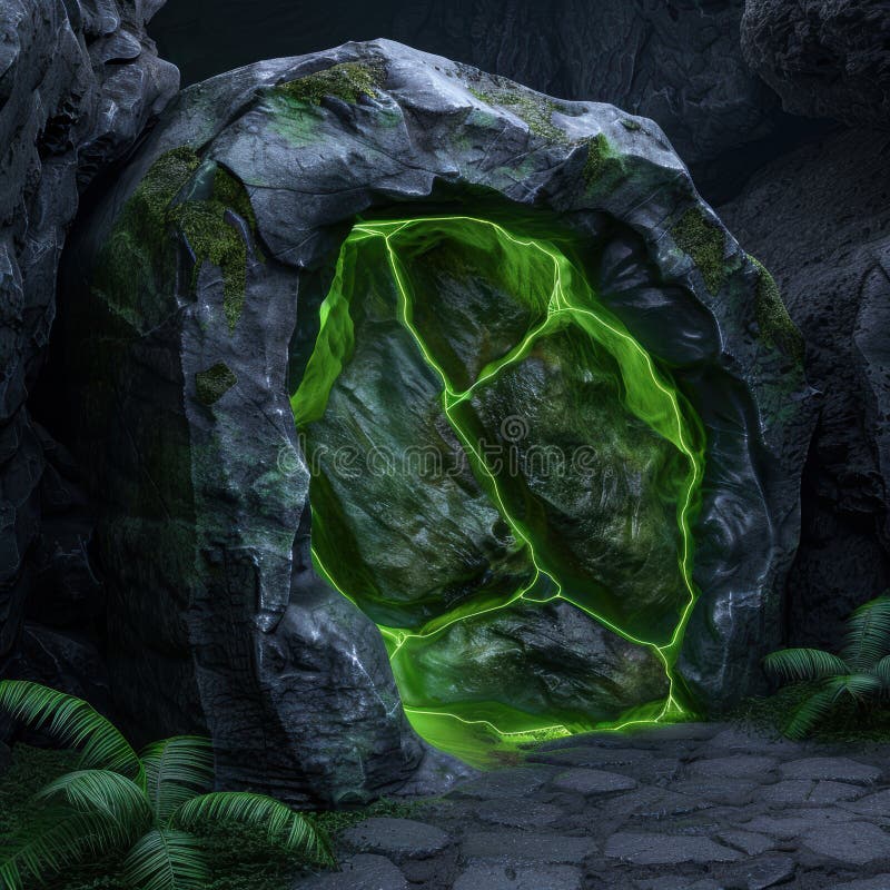 Glowing Moss-covered Rock in Dark Cave Stock Illustration ...