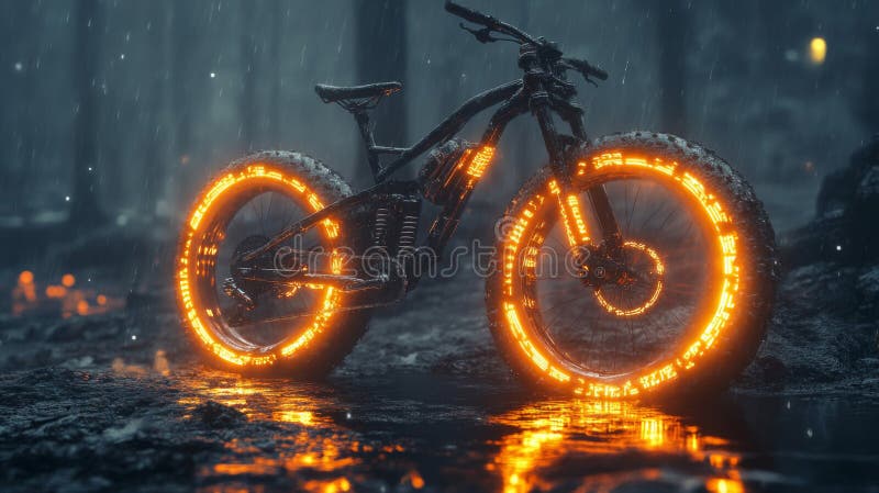 Glowing Mountain Bike in Dark Forest at Night Stock Illustration - Illustration of adventure ...