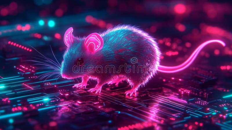 Glowing Mouse on Neon Circuit Board Stock Illustration - Illustration ...