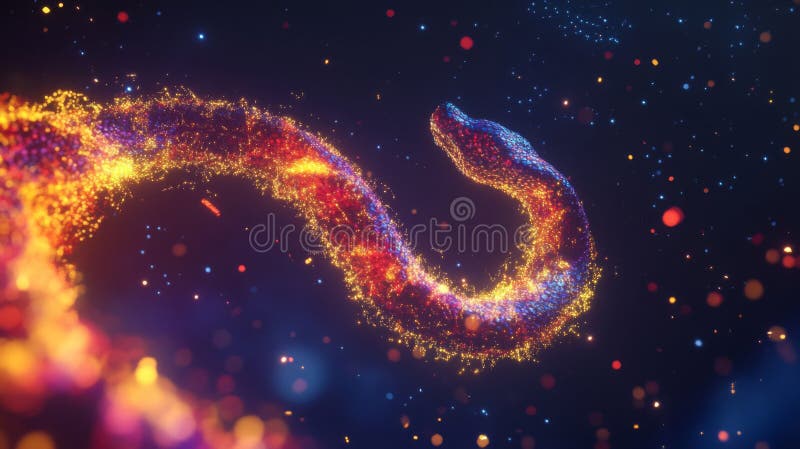 A Glowing, Multi-colored, Particle Snake with a Dark Background Stock ...