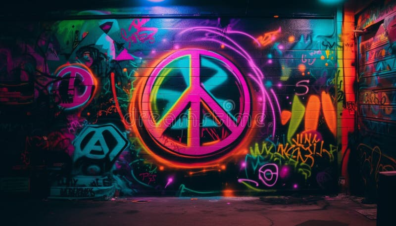 The Glowing Multi Colored Symbol Illuminates the Dark City Backdrop ...