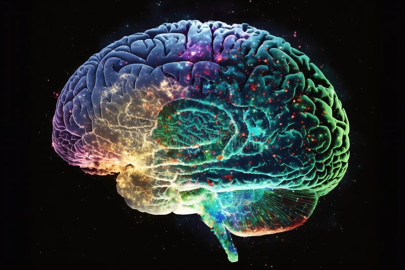 Multicolored Brain is Shown in the Dark with Paint Splatters All Over ...