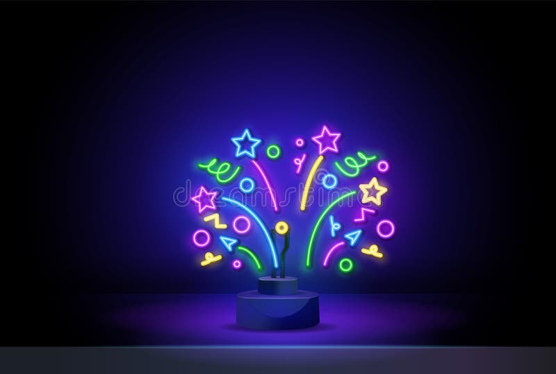 Sparkling Fireworks Neon Sign. Glowing Multicolored Firework on Brick ...