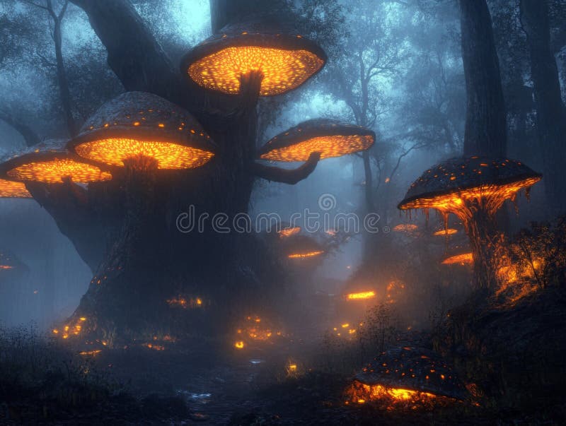 Glowing Mushroom Forest in a Mystical Fog Stock Illustration ...