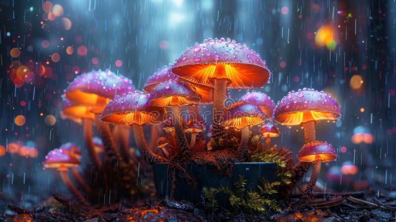 Glowing Mushrooms in the Rain - Generative Ai Stock Illustration ...