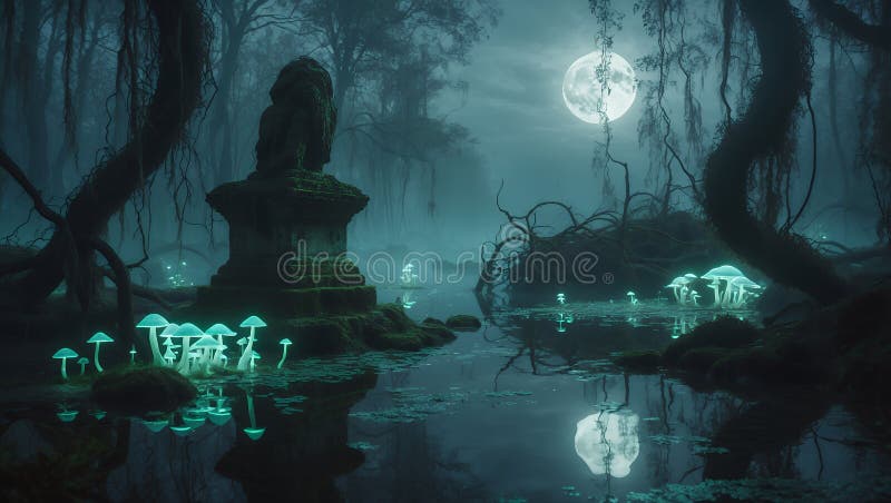 Enigmatic Moonlit Swamp with Glowing Mushrooms and Ancient Stone ...