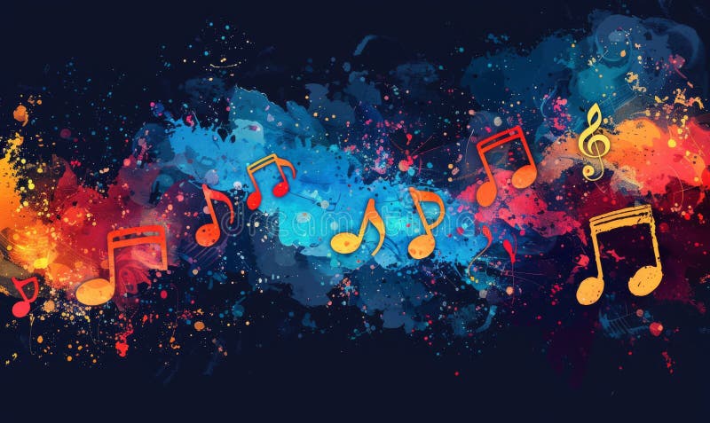 Glowing Music Notes, Painted on Grunge Watercolor Paint Splashes Stock ...