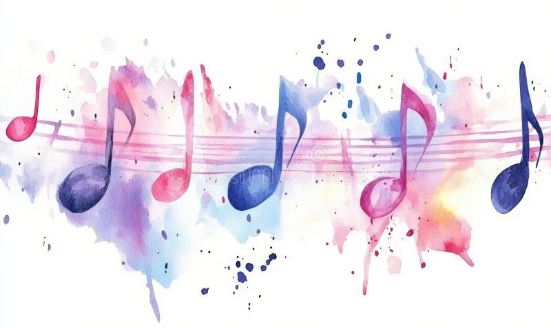 Glowing Music Notes, Painted on Grunge Watercolor Paint Splashes Stock ...