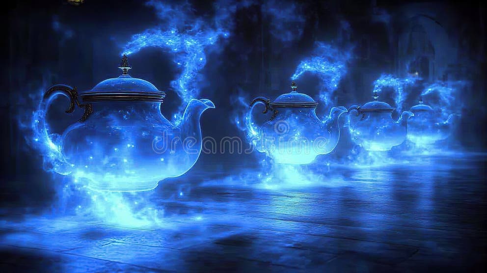 Glowing, Mystical Teapots in a Dark, Magical Setting Stock Illustration ...